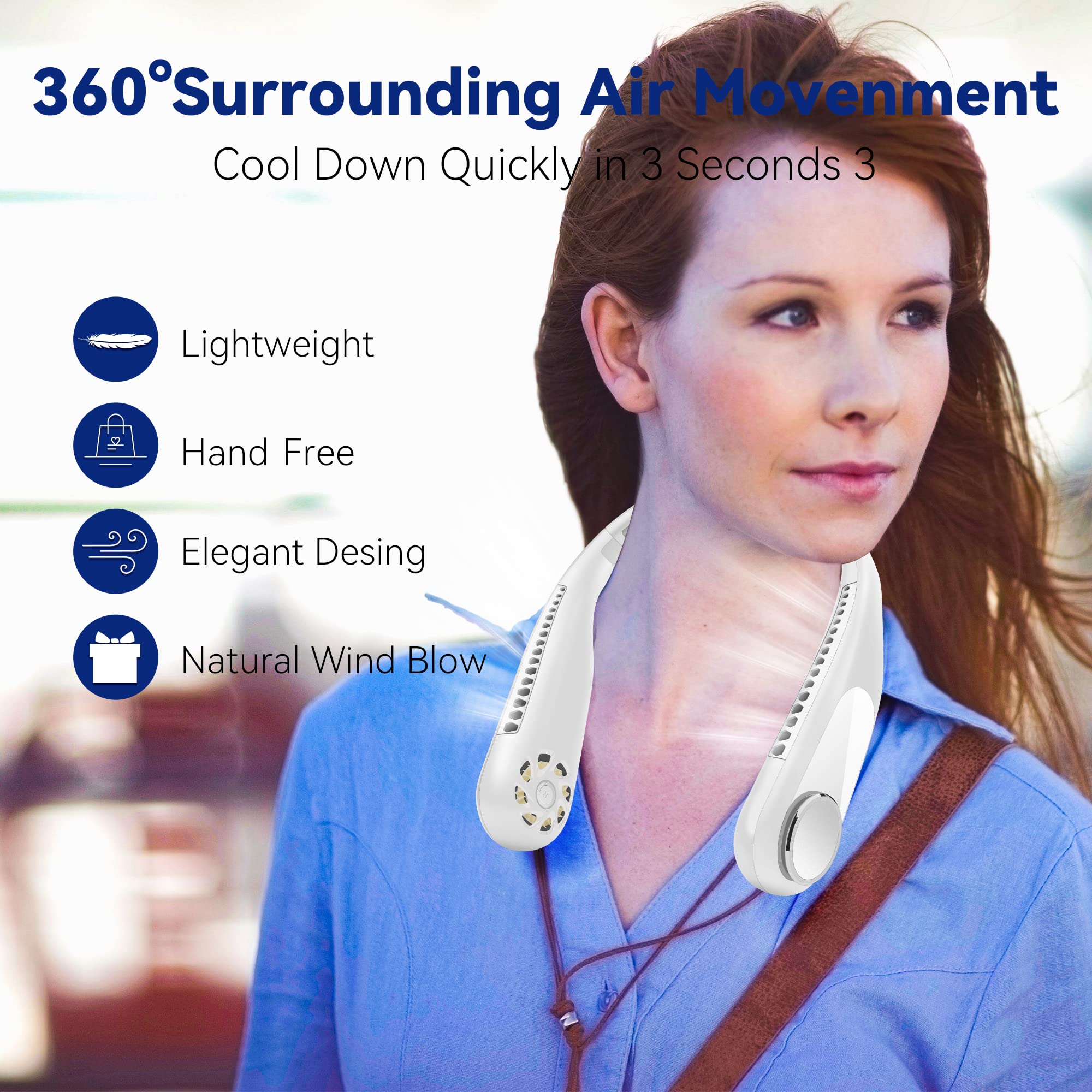 LYSHION Portable Neck Fan, Hands Free Bladeless Fan, 3 Speed Adjustment 360° Cooling Personal Fan, USB Wearable Fan（white）