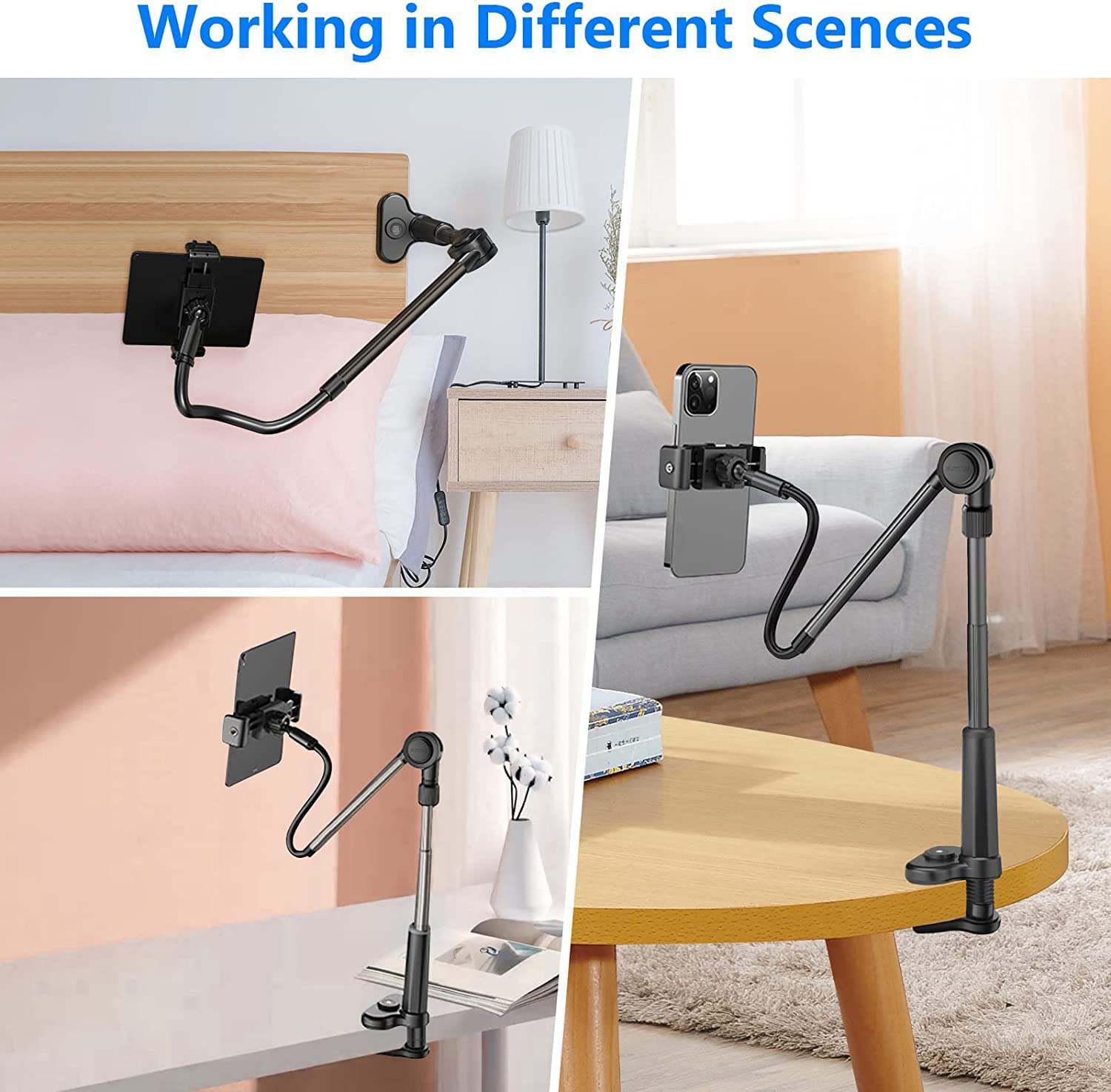 Phone & Tablet Holder for Bed ,Gooseneck Stand Desk Mount,Long Arm Overhead Clip Clamp,Flexible Lazy Bracket for headboard,Bedside,Video Recording Remote ,for iPad/iPhone/Smartphone & Tablet 4.6"-11"