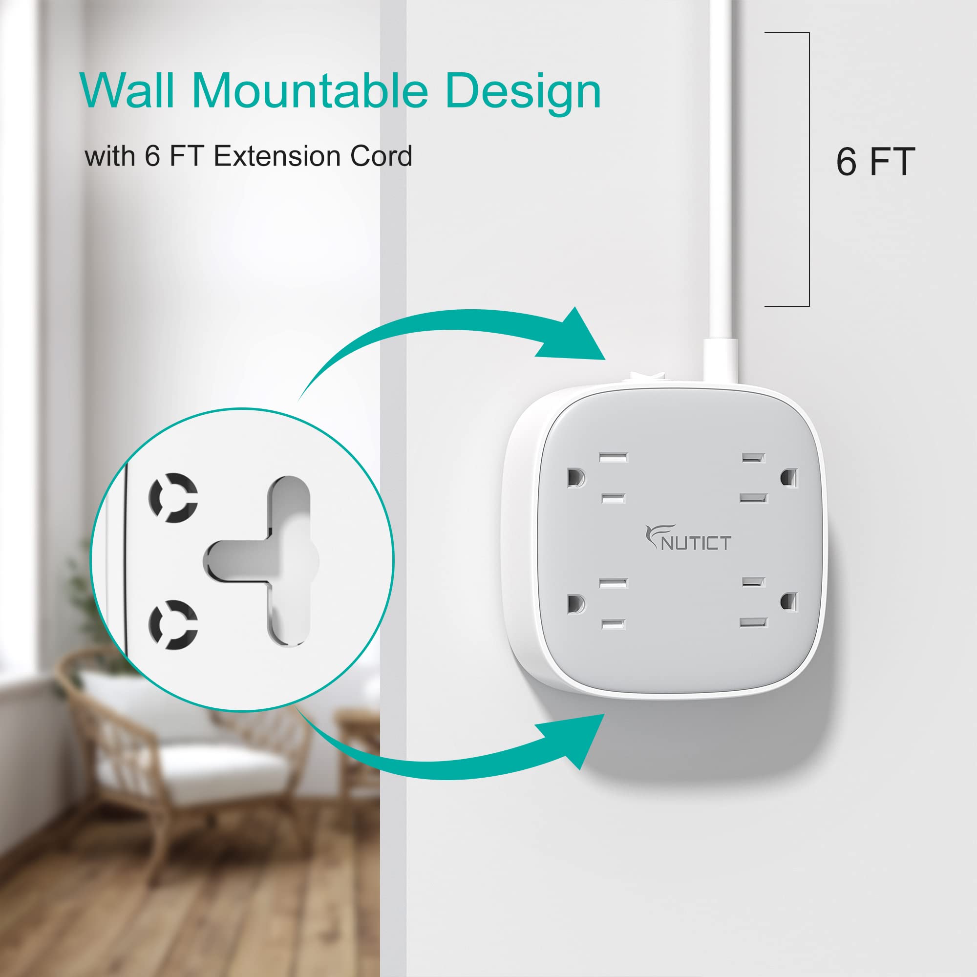 Outdoor Power Strip Weatherproof, 6 FT Extension Cord 3 USB Ports, 1 USB C Charger, 4 Outlets Flat Plug Surge Protector Waterproof Shockproof Wall Mountable For Home Kitchen Patio Porch Garden Camping