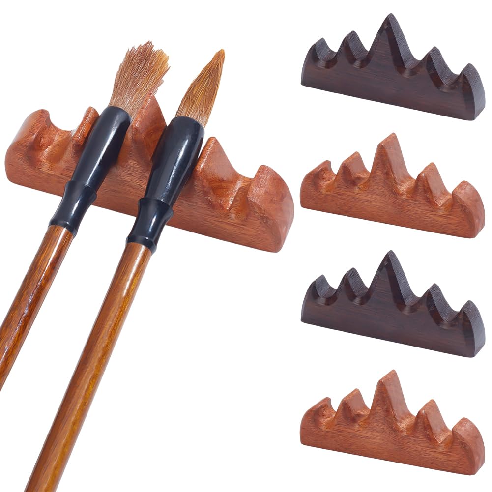WEBEEDY 2 Colors Paint Brush Holder Calligraphy Brush Rest Stand Retro Wooden Brushes Pen Rack Holder for Home Office Desktop Decoration Chinese Japanese Calligraphy Painting Writing Practice, 4pcs