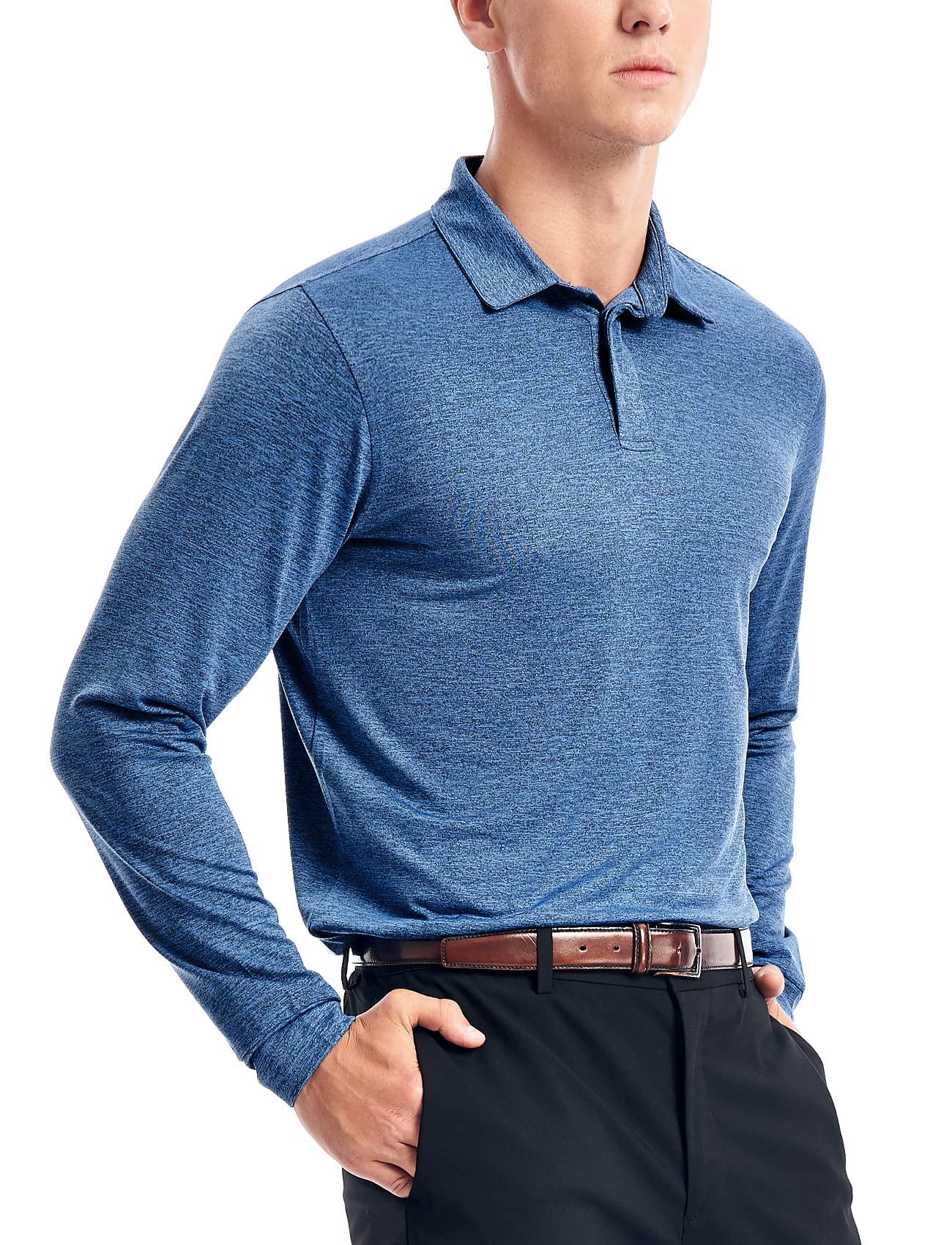 Long Sleeve Golf Shirt Men-Athletic Fit Polo Shirts Quick Dry(Navy Heather,L)