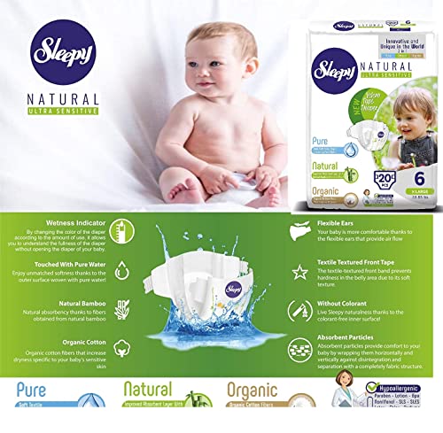SOHO|Sleepy Natural Baby Diapers, Made from Organic Cotton and Bamboo Extract, Ultimate Comfort and Dryness, Disposable Diapers (Size 6 | 20 Count | Child Weight 33-55 lbs)