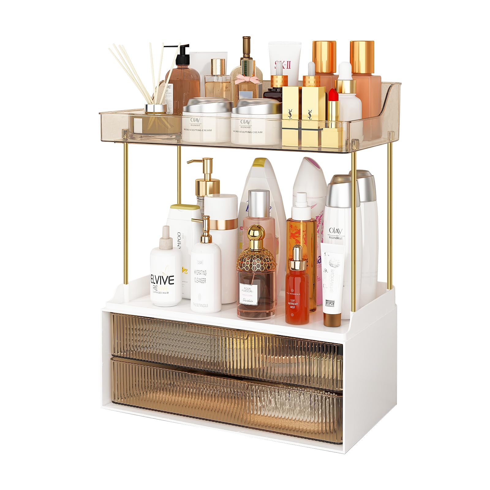 Webetop Bathroom Counter Organizer, Large Makeup Organizer Countertop, Multi-Purpose Vanity Organizer Countertop with 2 Drawers for Storage, Cosmetics, Perfume, Toiletry (Amber)