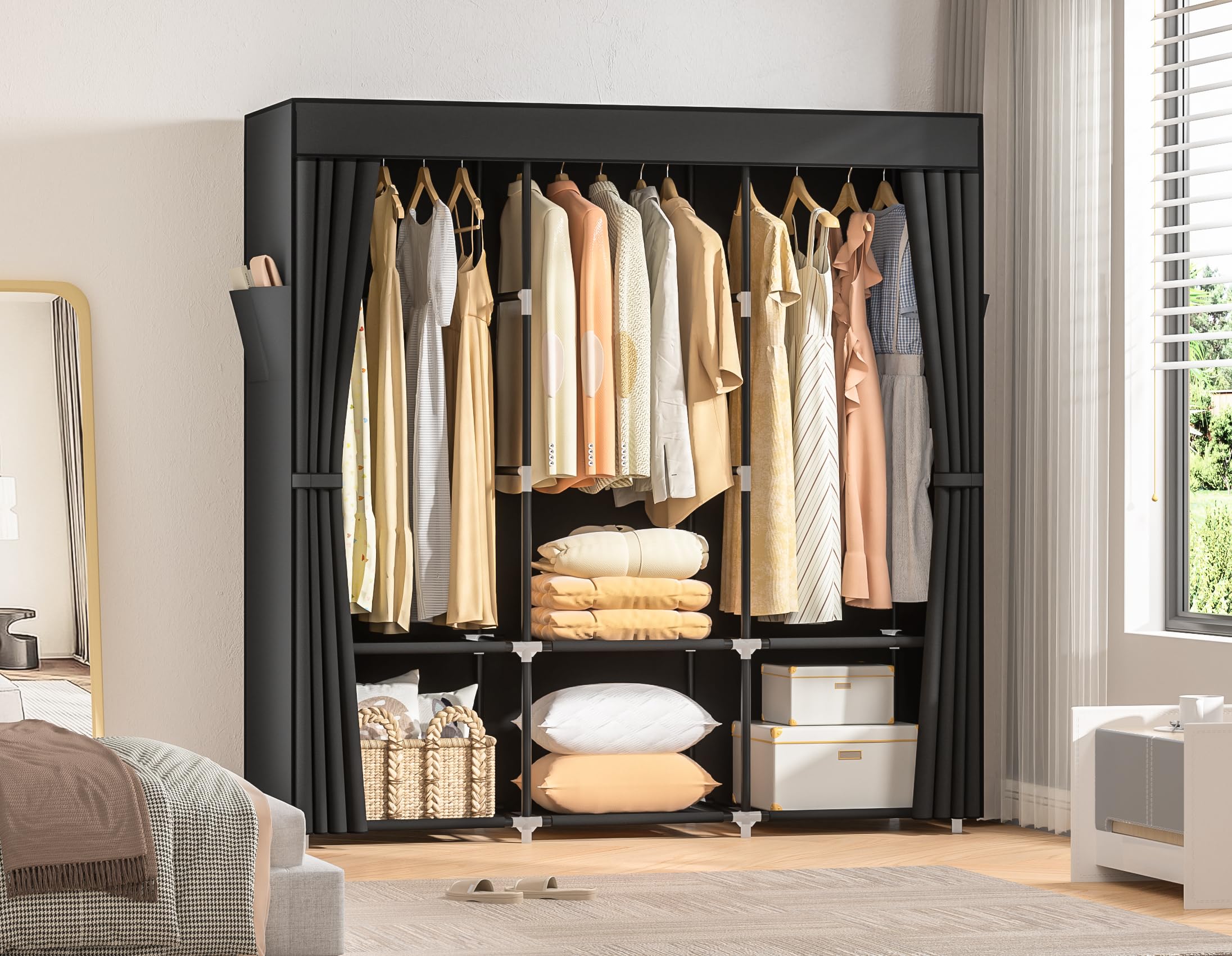 Neatrays Wardrobe Closet,Portable Closets for Hanging Clothes,Free Standing Clothes Rack with Cover & 3 Hanging rods & 6 Storage Shelves & 2 Side Pockets