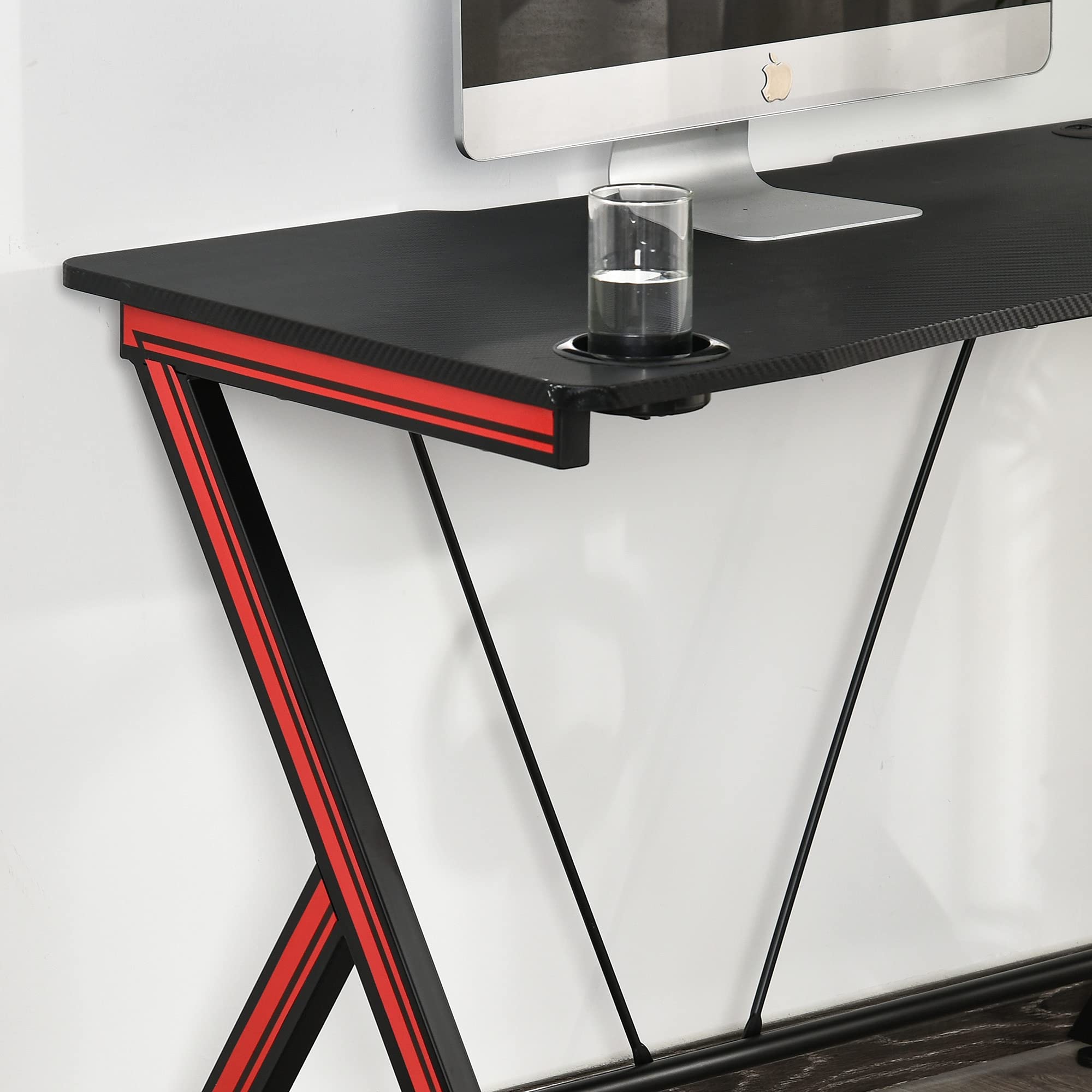 HOMCOM 47 inch Gaming Computer Desk, Home Office Gamer Table Workstation with Cup Holder, Headphone Hook, Cable Management, Carbon Fiber Surface