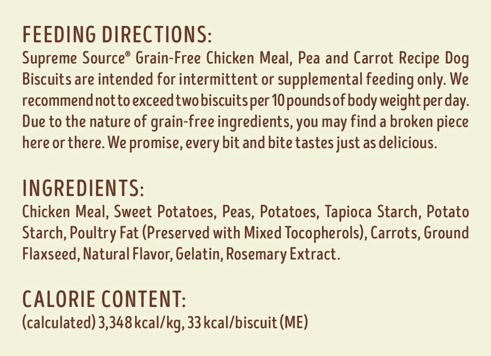 Supreme Source Grain Free Protein Dog Biscuits, Chicken, Pea & Carrot Recipe, 1 Pound Bag