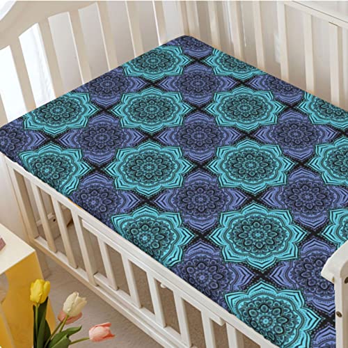 Retro Themed Fitted Mini Crib Sheets,Portable Mini Crib Sheets Ultra Soft Material-Baby Sheet for Boys Girls,24β x38β,Lavender Blue Seafoam and Black