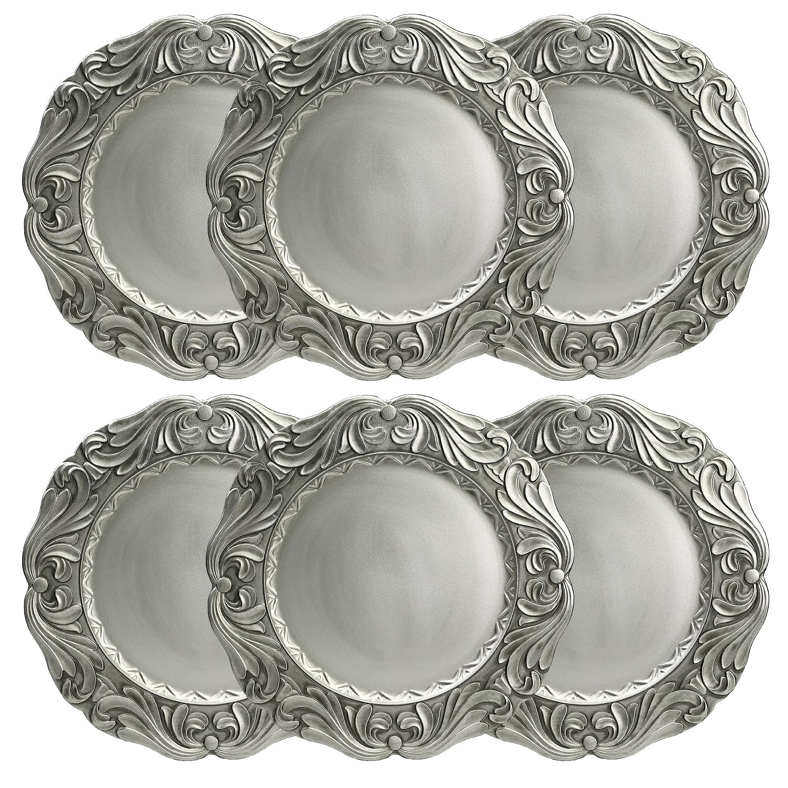 Leemxiiny Antique Silver Charger Plates with Embossed Edge, Plastic Flora Decorative Chargers for Dinner Plates Set of 6 Bulk Wedding for Table Setting, Party, Holiday