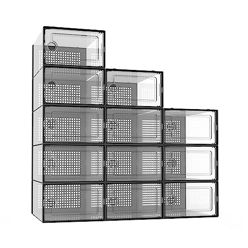 Potahouse Shoe Storage Organizer, 12 Pack X-Large Clear Plastic Stackable Shoe Boxes with Lids, Fit Size 11-12, Sneaker Containers Bins Space Saving for Entryway Closet Floor, Black