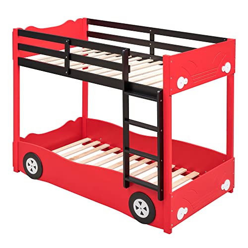 OYN Twin Over Twin Car-Shaped Bunk Bed Frame with Wheels for Children Teens Boys and Girls, Red