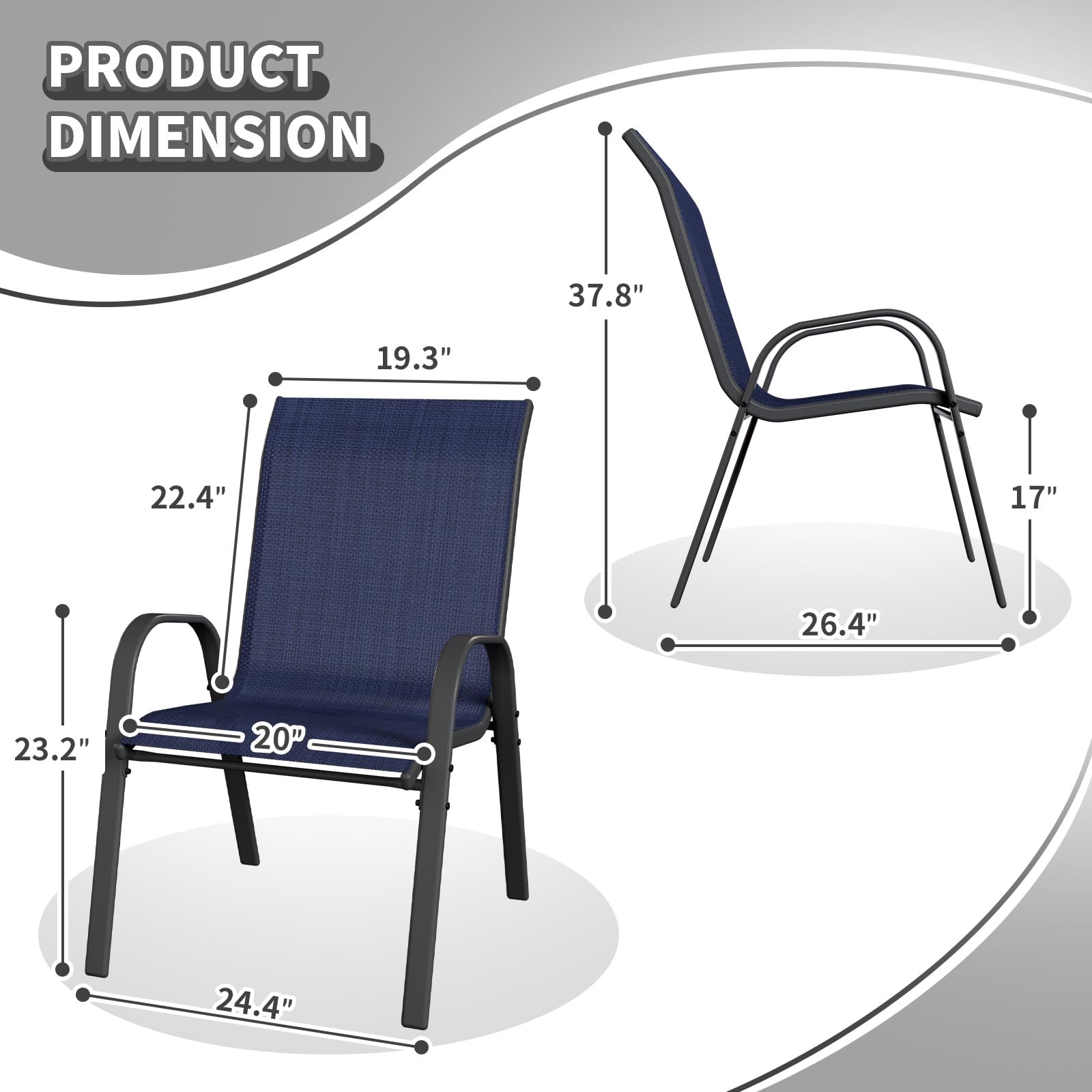 VONZOY Patio Dining Chairs Set of 6, Outdoor High Stacking Chairs,Breathable Seat Fabric and Alloy Steel Frame for Backyard, Porch, Garden, Sunroom (Blue)