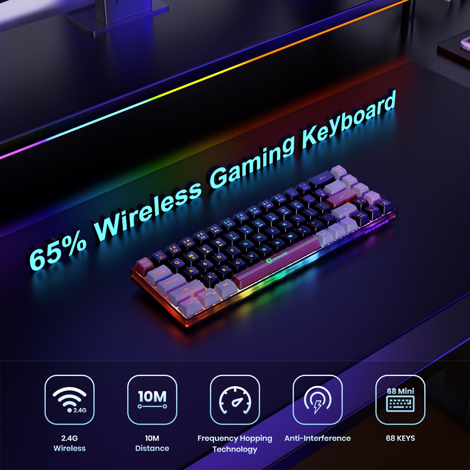 GEODMAER 65% Wireless Gaming Keyboard, Rechargeable RGB Backlit Gaming Keyboard with 14 Backlit Modes, 68 Keys Ultra-Compact Anti-Ghosting No-Conflict Keyboard for PC Laptop Mac PS5 PS4 Xbox One Gamer