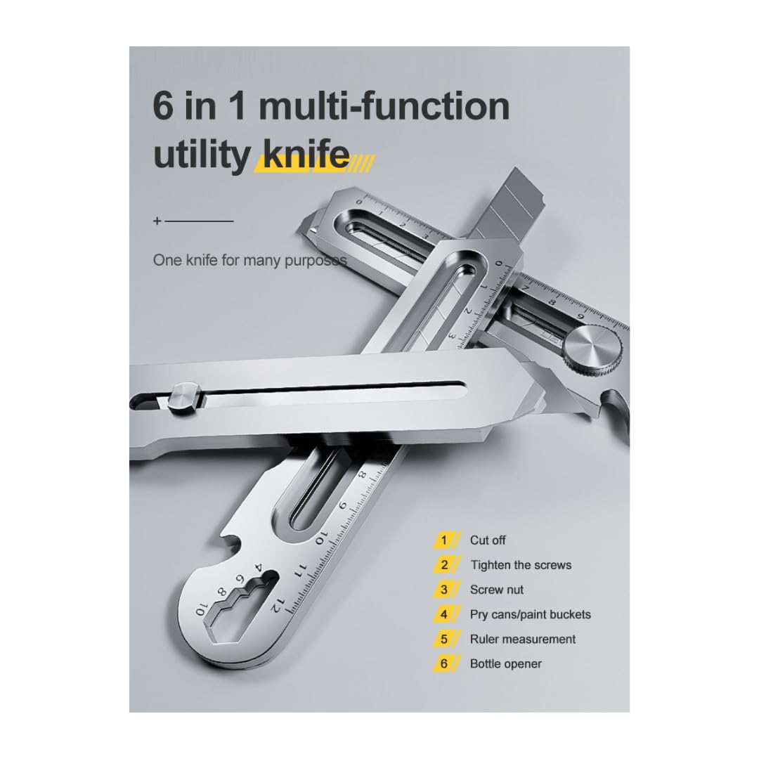 Utility Knife Stainless Steel 6 in 1 Multi Tool Heavy Duty Waterproof Rust Proof Rugged Military Grade Snap Off 18mm Cutter Lightweight Box Arts Crafts Leather Painters Construction Wallpaper