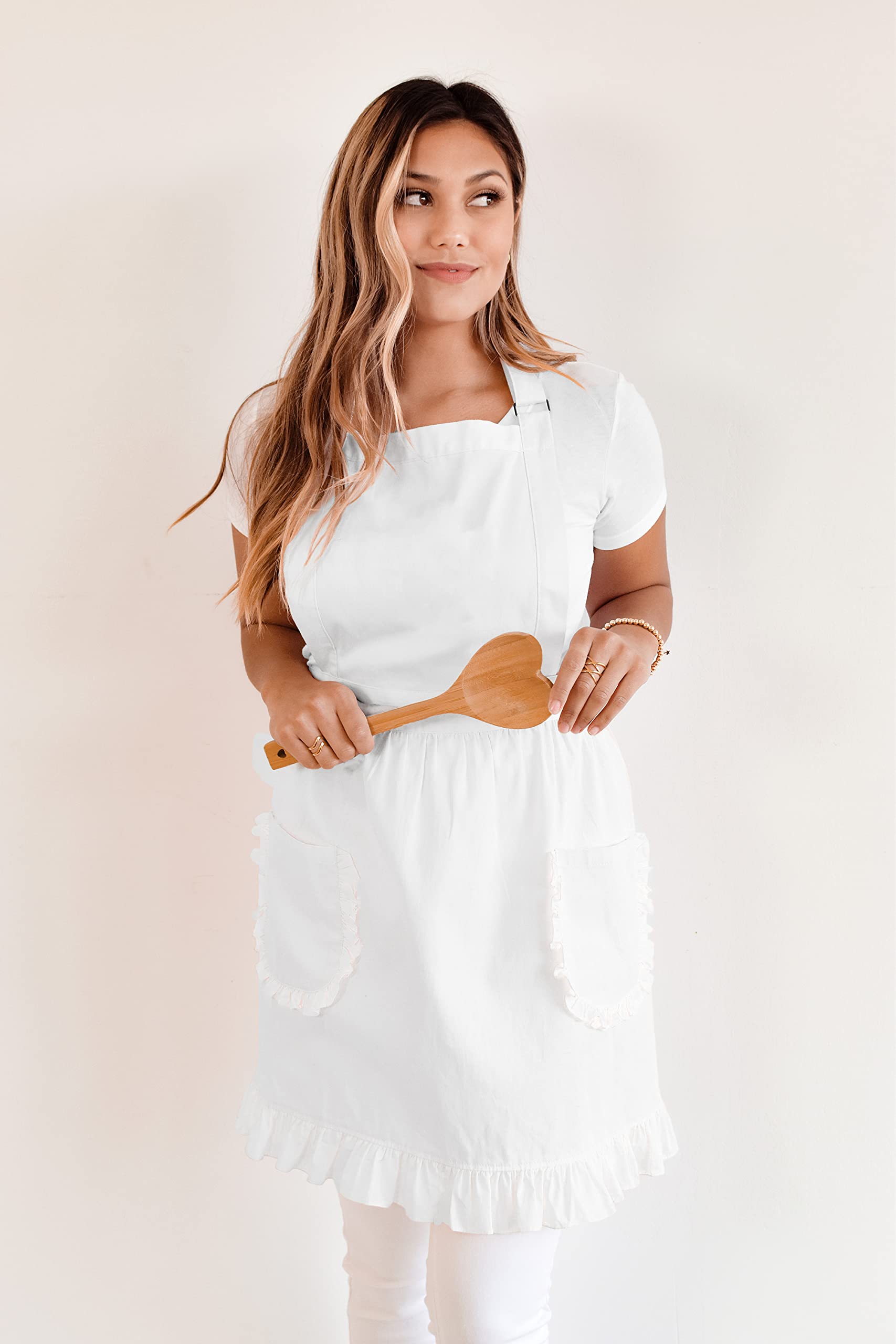 ModParty Apron for Women Ruffle Trim with Pockets Adjustable Straps Retro Kitchen Apron for Baking & Cooking (White)