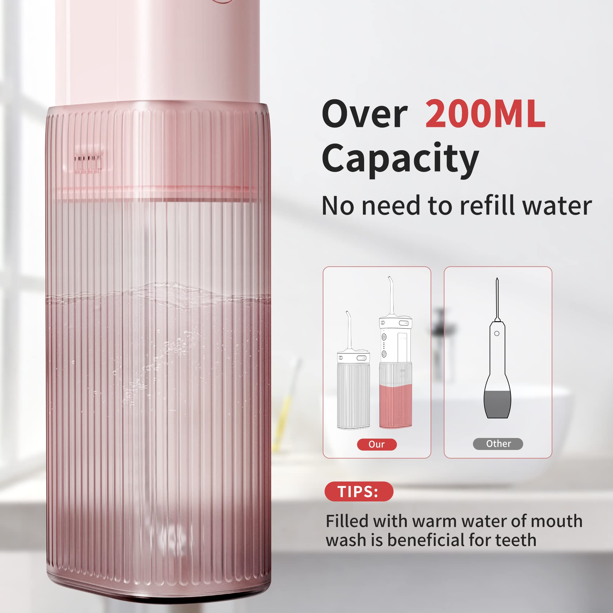 Portable Water Flosser, Mini Cordless Oral Irrigator, Power Dental Flosser with Detachable Water Tank IPX7 Waterproof, 3 Adjustable Modes Comes with Storage Bag(Pink)