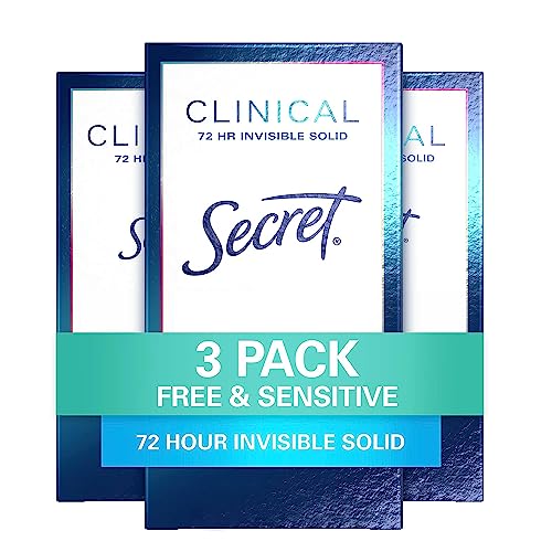 Secret Clinical Strength Invisible Solid Gel Antiperspirant and Deodorant for Women, Free & Sensitive, 1.6 oz (Pack of 3), Unscented
