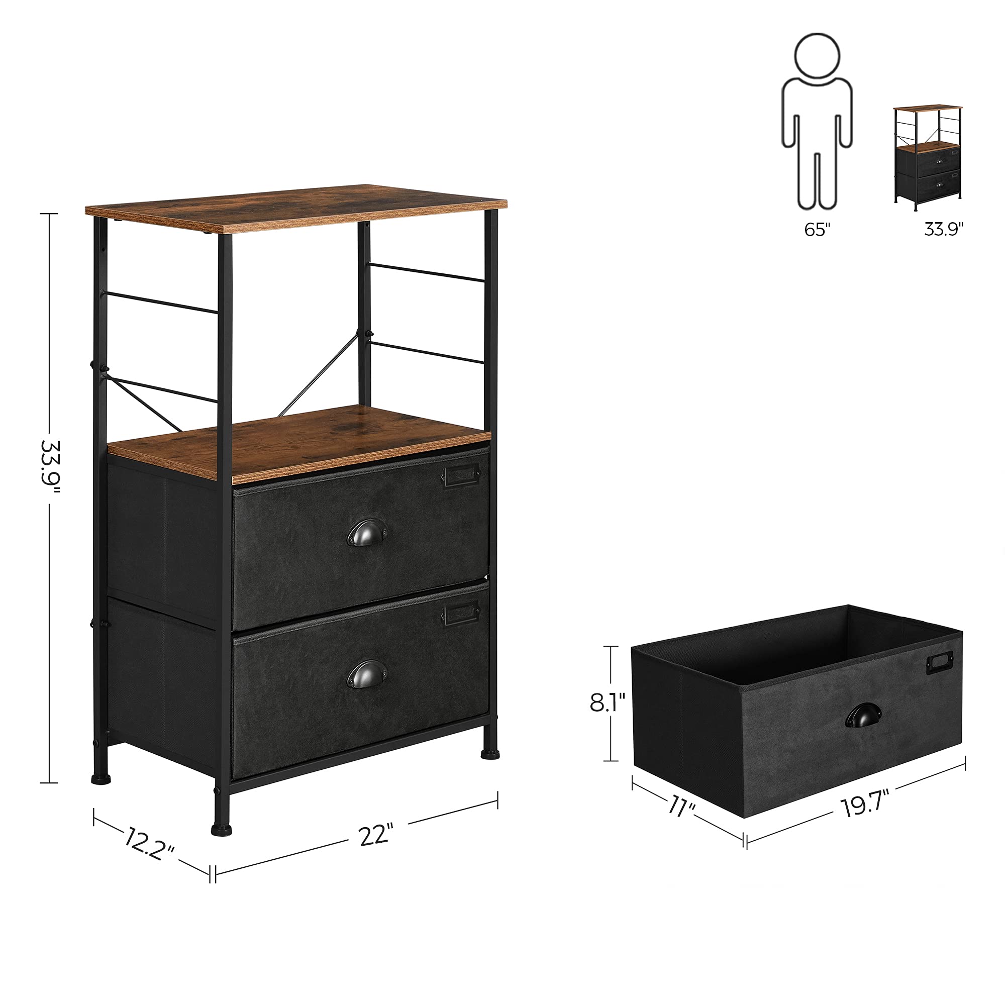 SONGMICS Nightstand, Industrial Bedside Table with 2 Fabric Drawers, Storage Shelves, Vertical Dresser Storage Tower with Wooden Top, Metal Frame, Labels, Rustic Brown and Black ULVT03H