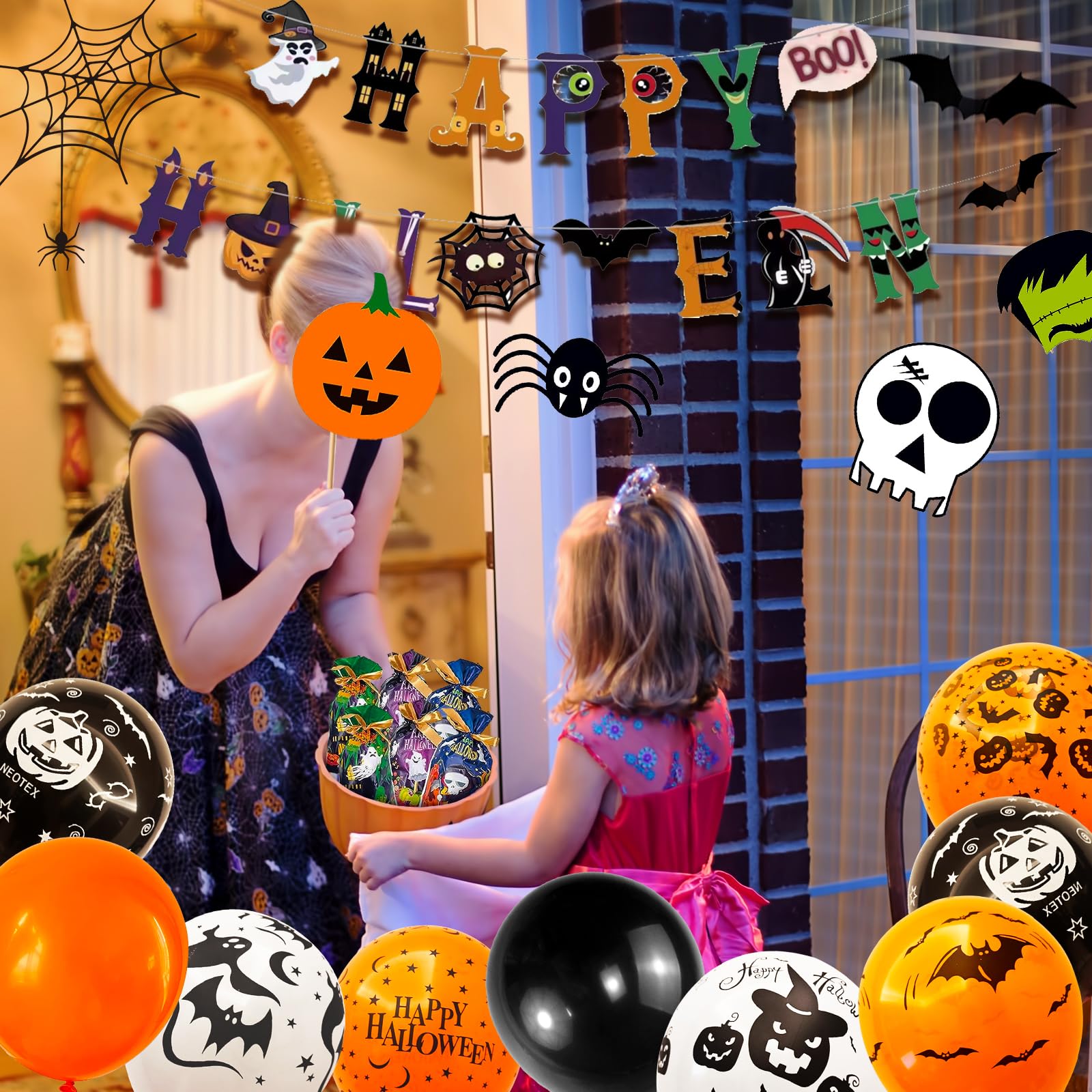 UJoyant 101 Pcs Halloween Party Decorations, Halloween Party Supplies - Ghost and Bat Pumpkin Banner, Halloween Multi Balloons, Photo Booth Props, Candy Gift Bags, Spider Wed