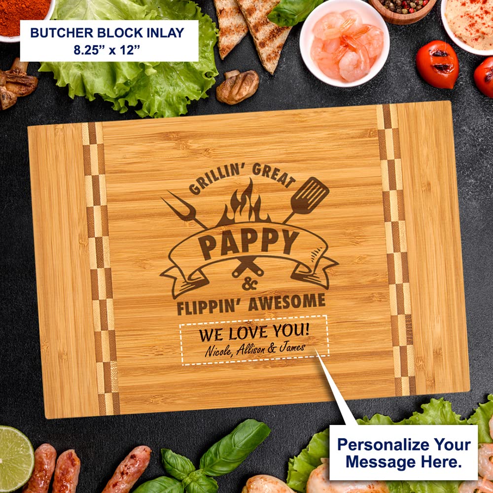 Pappy Gift–PERSONALIZED Bamboo Cutting Board Custom Engraved Grillin Great Flippin Awesome Fathers Day Birthday Christmas Gift Best Pappy Ever Papa Poppop Gifts from Grandkids Grandchildren (8.25x12)