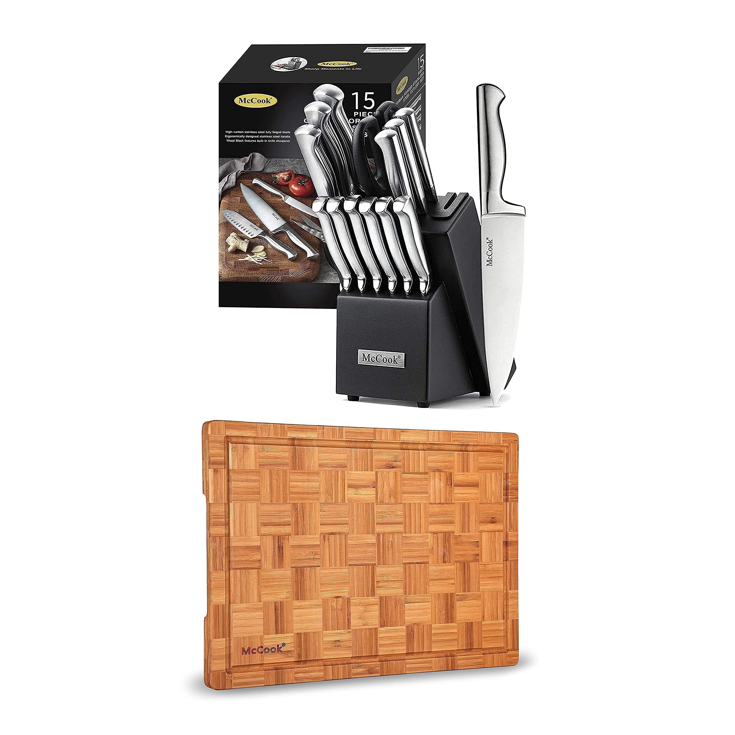 McCook MC21 German Stainless Steel Knife Block Sets with Built-in Sharpener + MCW12 Bamboo Cutting Board(Large, 17āx12āx1ā)