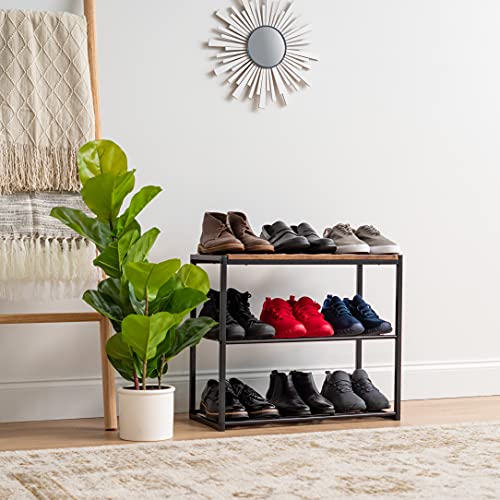 IRIS USA 3-Tier Shoe Bench for Entryway, 6 Pairs Extendable Shoe Organizer for Closet, Stackable Shoe Storage Organizer, Wood and Metal Shoe Rack Bench