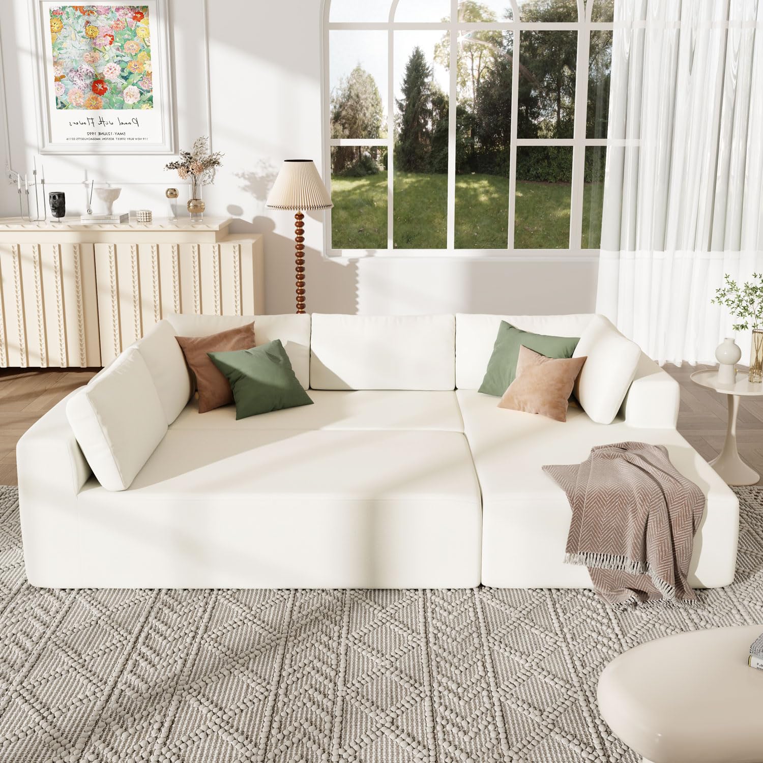 Yogald 135.6ββ L-Shaped 4 Seats Sectional Cloud Sofa with 2 Chaise Lounges, Minimalist Style Oversized Modular Sofa, Comfy Upholstered Luxury Floor Couch Set, for Living Room Office Apartment (Beige)