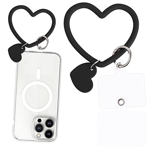 TIESOME Heart Loop Phone Lanyard, Smart Phone Hand Wrist Lanyard Strap with Key Chain Holder Compatible with Most Smartphones for Cell Phone Case Keys ID Badges with 2packs Back Patch(Black)