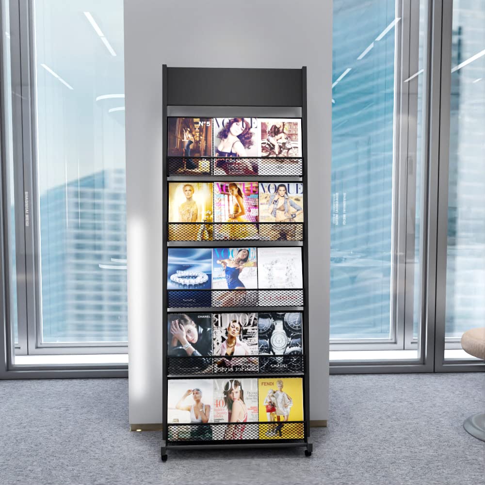 Kroey Floor Magazine Rack brochure Display Stand for Offices and Public Reception Area,Literature Rack with 4 Universal Wheels (70"×27×13.8")