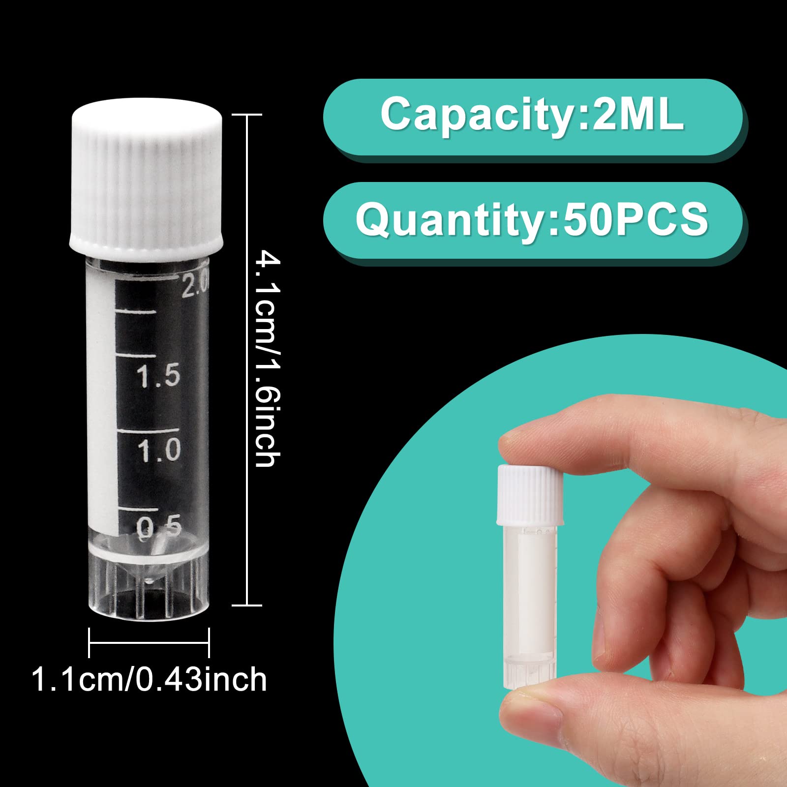 NHYAMX 50 Pack 2ml Lab Plastic Frozen Test Tubes Vial Seal Cap Graduated Plasti Cryogenic Vial Tube with Screw Caps Container for Laboratory School Educational