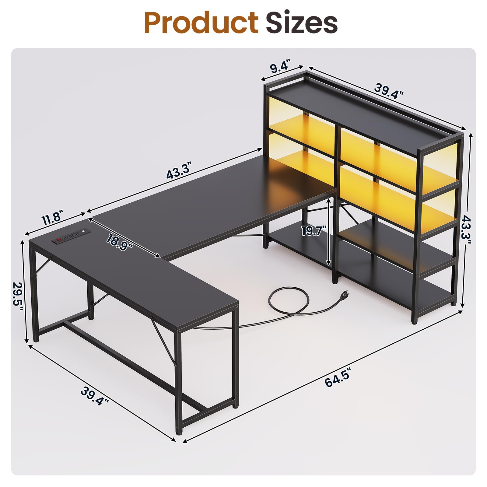 SEDETA L Shaped Desk with Storage Shelves, 62.6" U Shaped Computer Desk, L Shaped Gaming with LED Lights and Hook for Home Office, Rustic Brown
