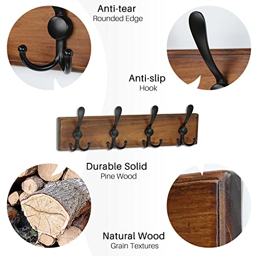 SCUNDA Coat Rack Wall Mount with 4 Hooks, Coat Hanger for Wall, Wooden Wall Hook for Coat, Jacket, Hat, Backpack, Belt, Tie, Key (2-Pack, Rustic Brown)
