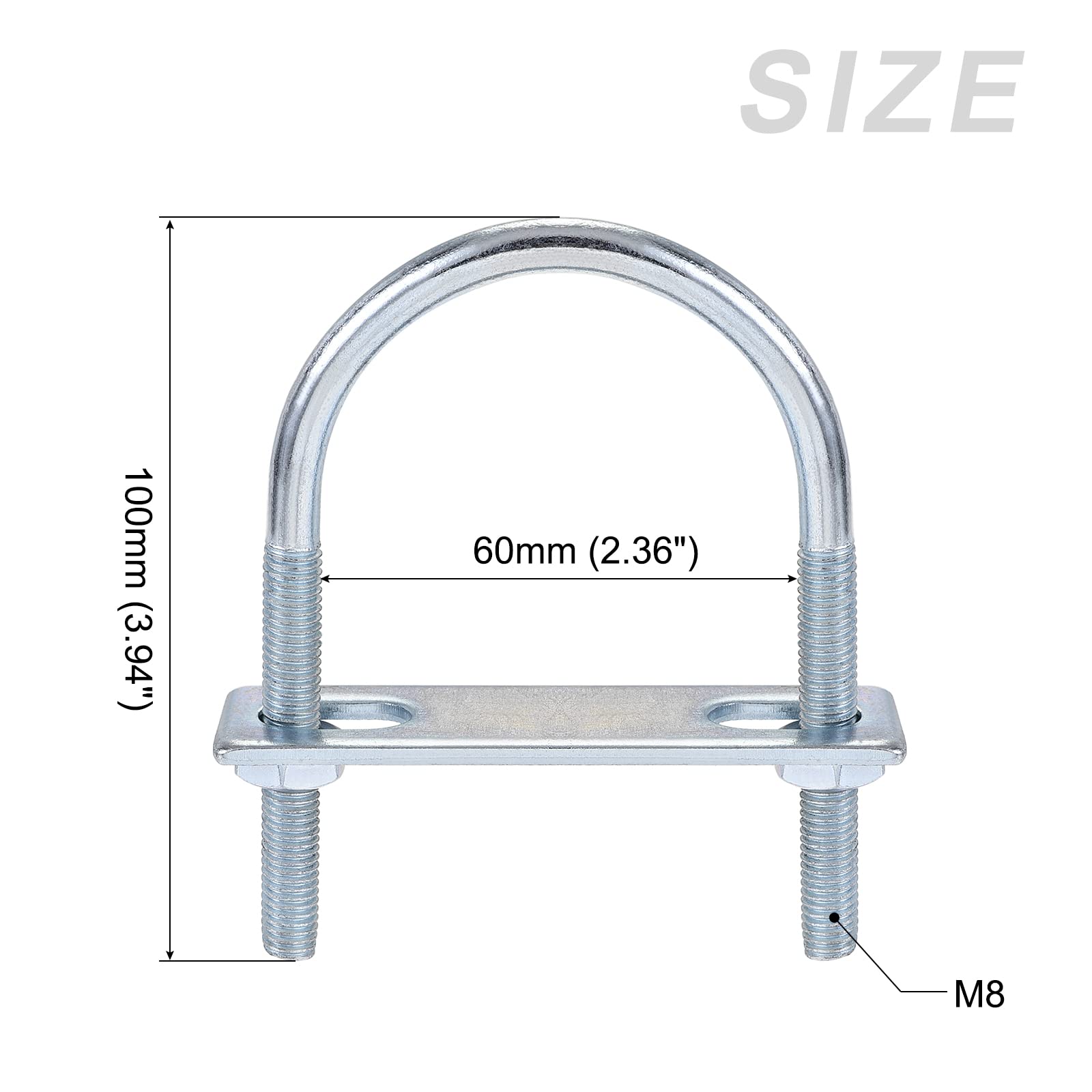 METALLIXITY U Bolts (M8x90x150mm), Round U Bolt Steel with Nut and Plate - for Construction, Pipe