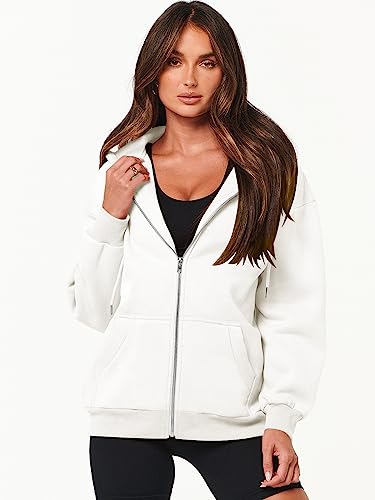 Prinbara Hoodies Jacket Coat for Women Long Sleeve Oversized Zip Up Fleece Sweatshirt Comfy Fall Clothes Y2K Trendy Top 9PA89-baise-L White