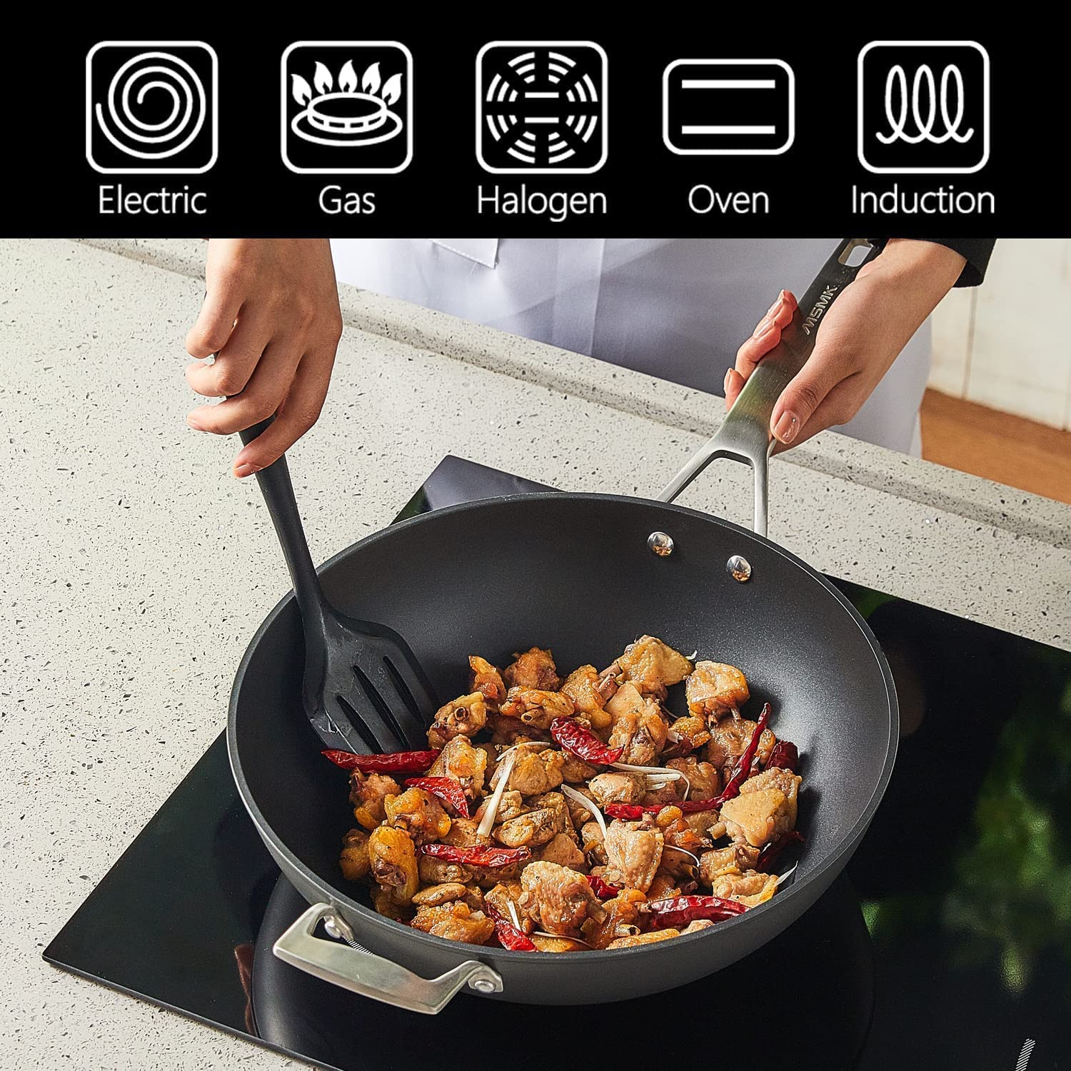 MsMk Titanium and Ceramic Nonstick Wok pan with lid,12.5 Inch Woks & Stir Fry Pans with Stay-Cool Handle,Flat Bottom Wok Suits for Induction, Electric, Gas, Halogen, All Stoves