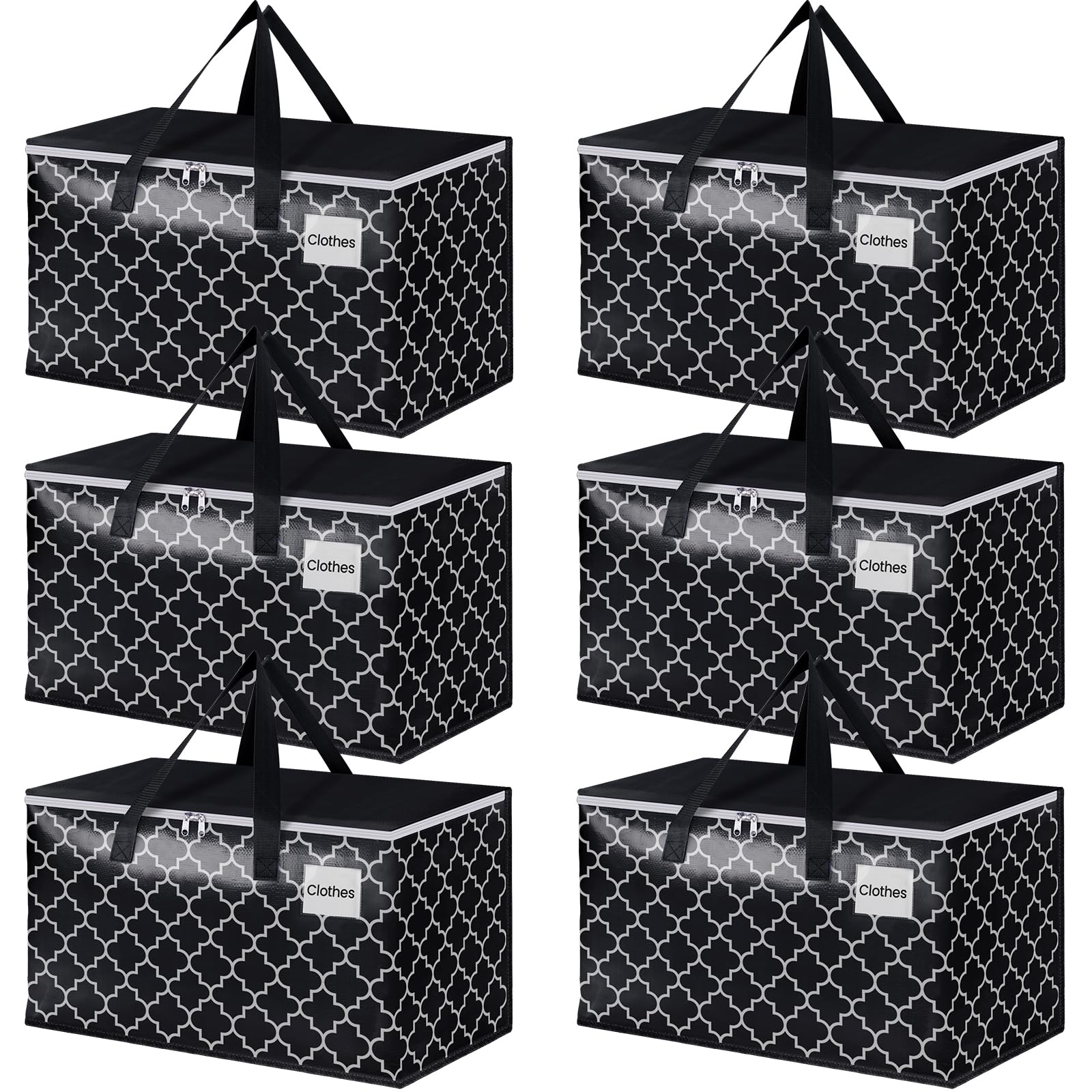 HomeHacks Storage Bags, Heavy Duty Moving Bags, Moving Boxes with Tag Pockets, Zippers & Carrying Handles, Collapsible Storage Totes for Storing, Camping, Packing & Moving Supplies, Black 88L, 6 Pack