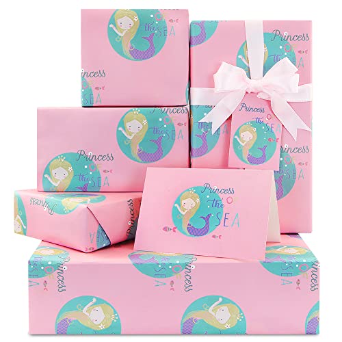 Princess of the Sea Little Mermazing Mermaid Wrapping Paper in pink Color Set of 4 Sheets 15 sq. ft. With Silk Ribbon and Matched Gift Tag and Greeting Cards, For Girls Kids Baby Women Gift Wrap