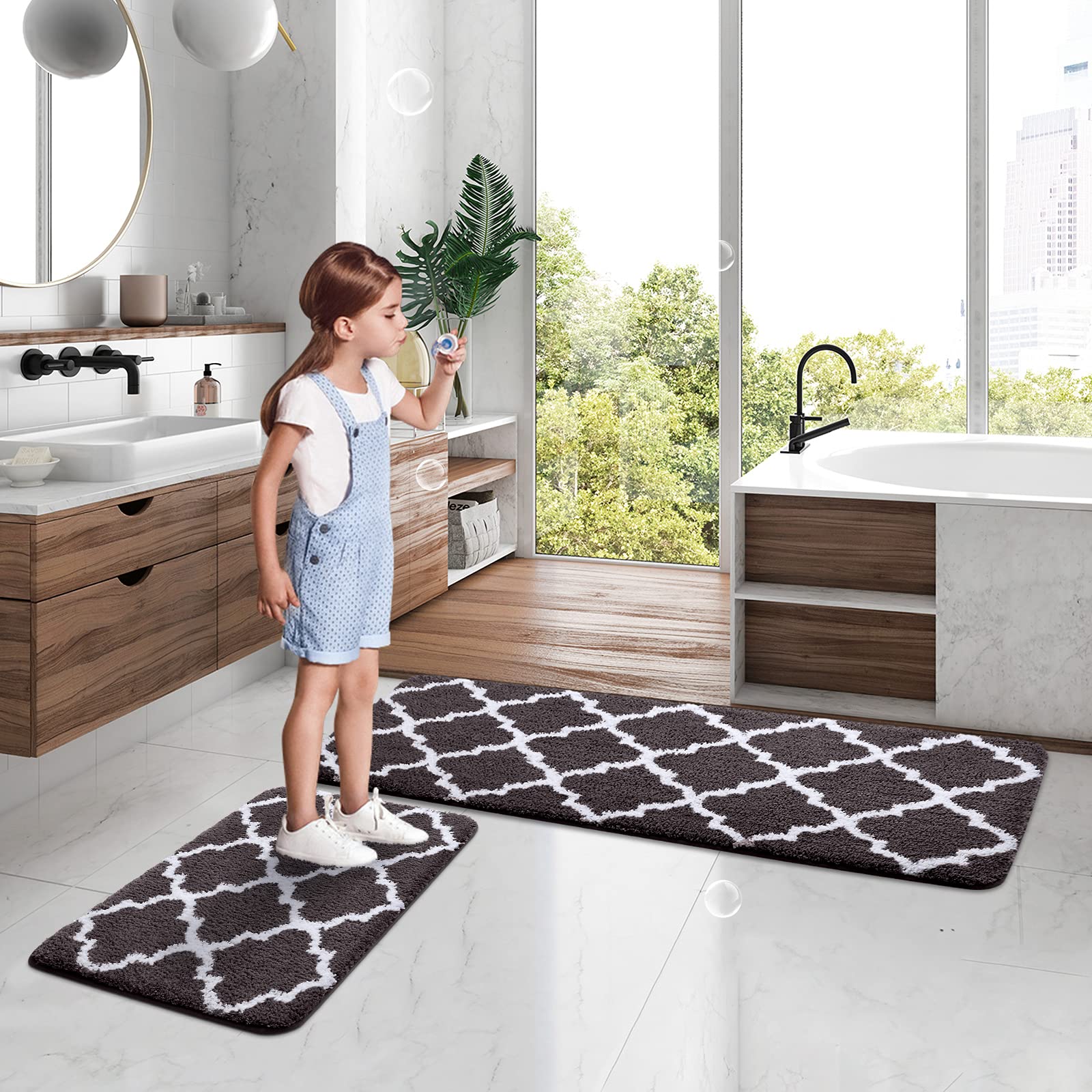 KMAT Kitchen Rugs and Mats [2 PCS] Super Absorbent Microfiber Kitchen Mat Non Slip Machine Washable Runner Carpets (Chocolate-17.3" x28+17.3"x47")