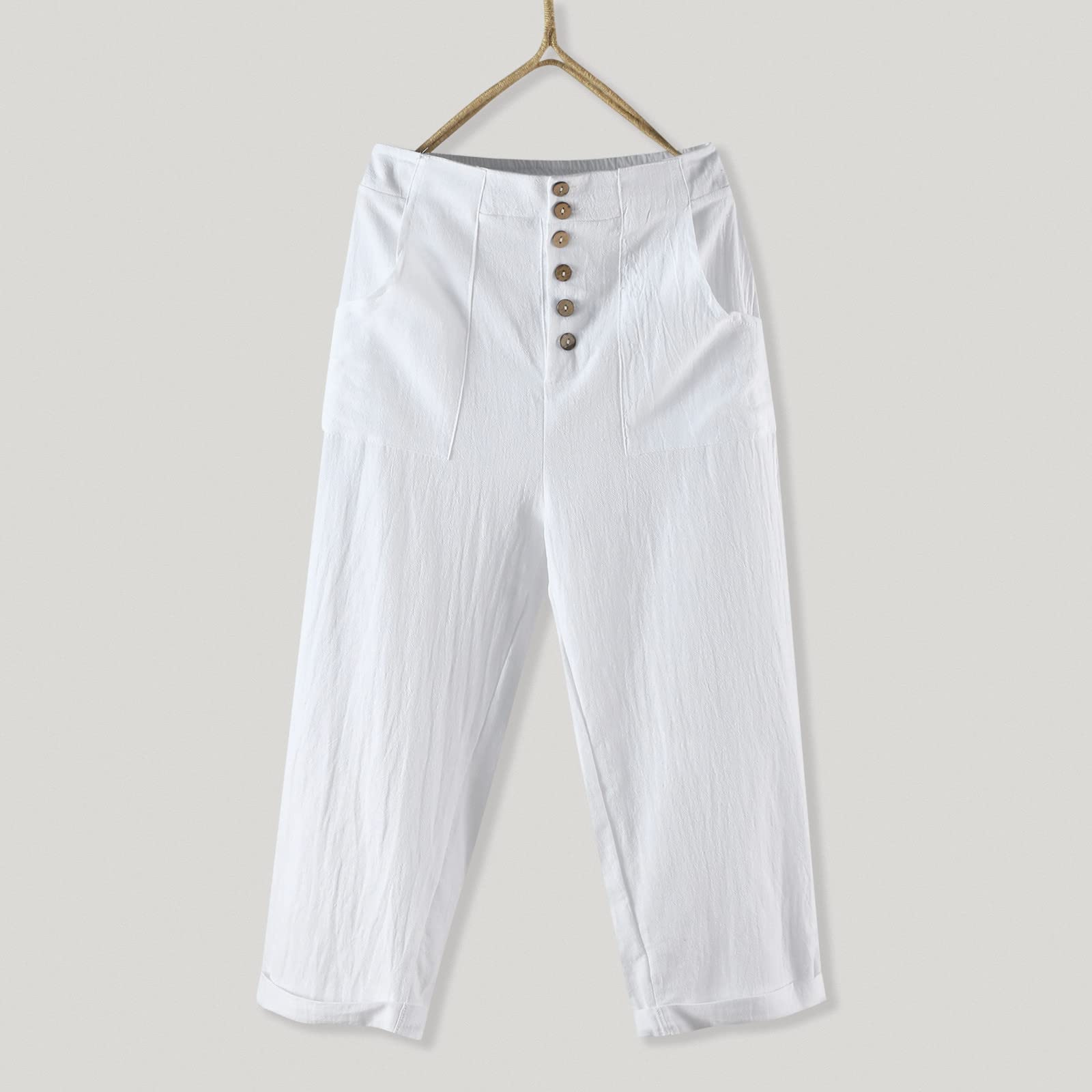 Mackneog Crop Lightweight Women's Printed Linen Capri Pants Loose Fit Casual Loose Womens Pull On Capri Cotton Loose Fitting White