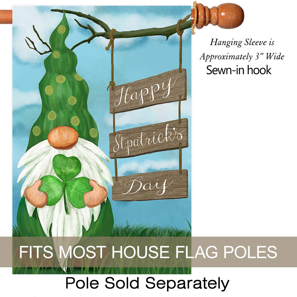 Morigins Happy St Patrick's Day Leprechaun Clover Double Sided Spring House Flag 28x40 inch