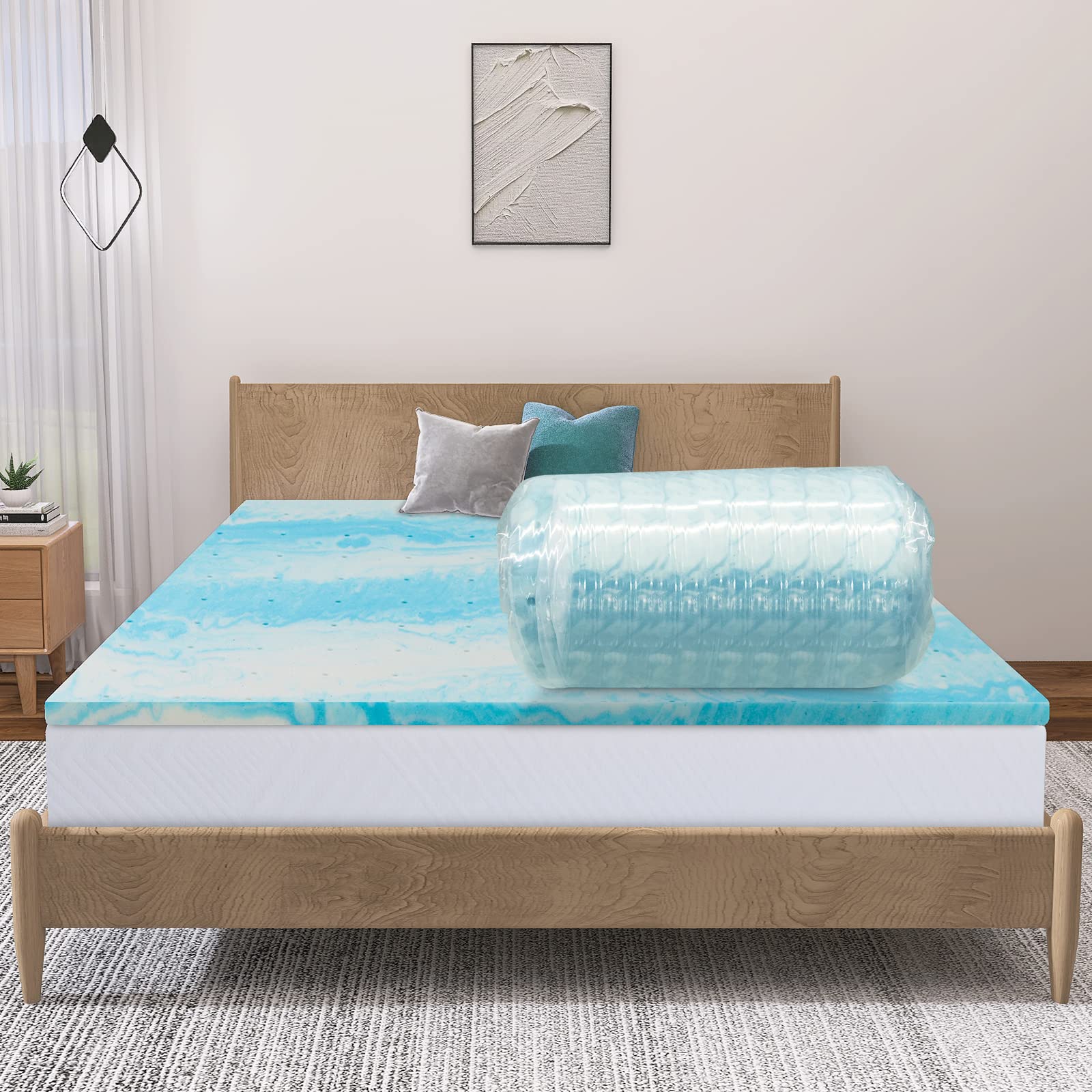 Vyfipt 4 Inch Mattress Topper Cal King, Gel Infused Memory Foam Mattress Topper, Ventilated Design, CertiPUR-US Certified, Blue