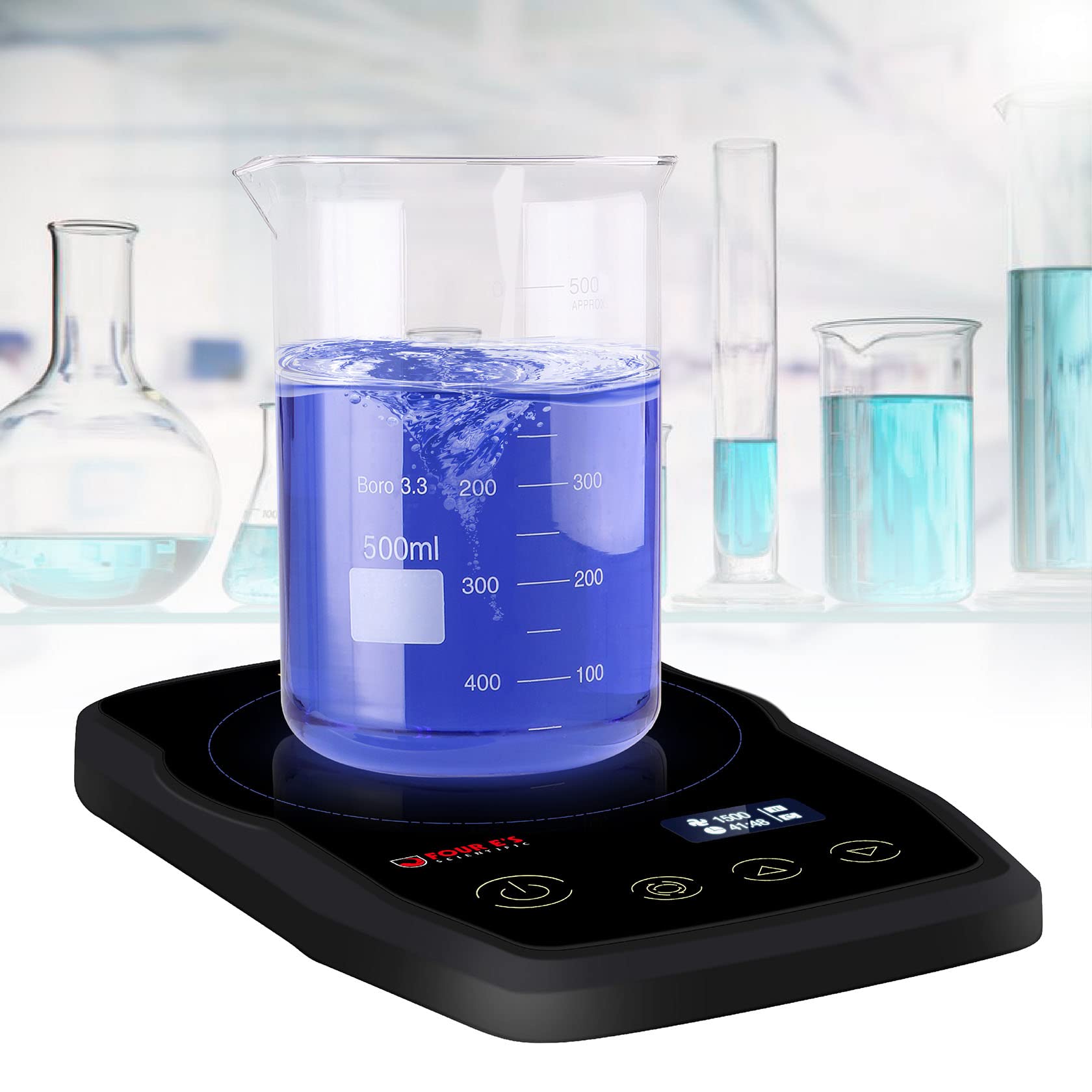 Mini Magnetic Stirrer - FOUR E'S SCIENTIFIC Stir Plate Magnetic Lab Mixer, Time Setting & Speed Adjusting 50-1500RPM, Max.1L, OLED Display