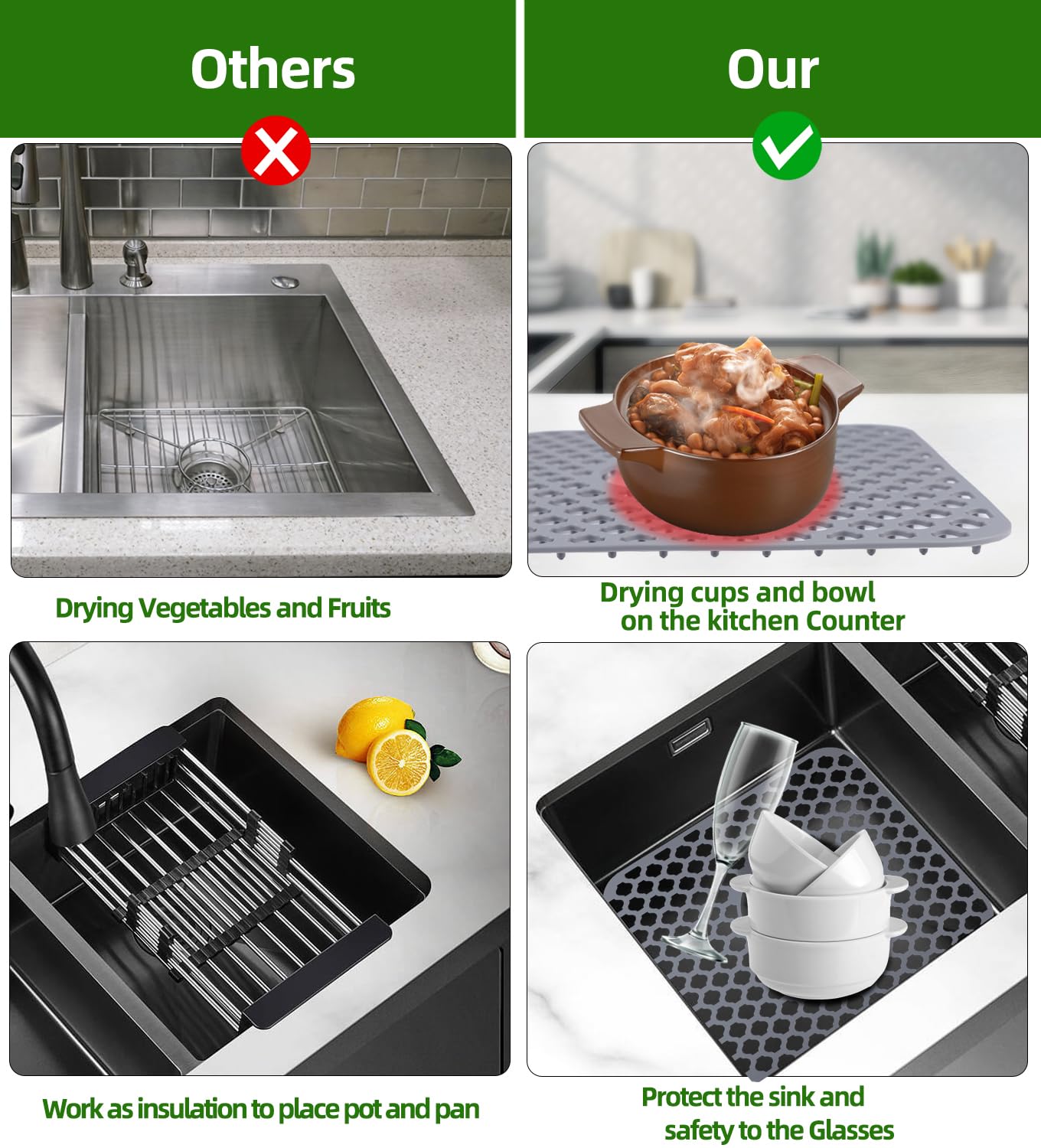 Sink Protectors for Kitchen Sink, 2PCS Kitchen Sink Mats Silicone Sink Protector, Sink Mats Grid for Kitchen Bottom of Farmhouse Stainless Steel Porcelain Sink 13.58 ''x 11.6 ''