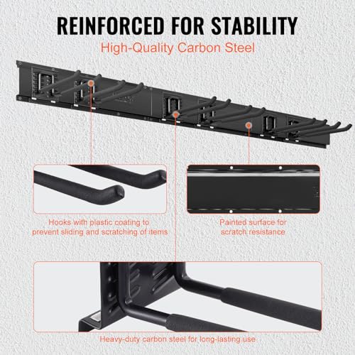 VEVOR Garage Tool Organizer, 600 lbs Max Load Capacity, Wall Mount Yard Garden Storage Rack Organization Heavy Duty with 6 Adjustable Hooks and 3 Rails, for Garden Tools, Shovels, Trimmers, and Hoses