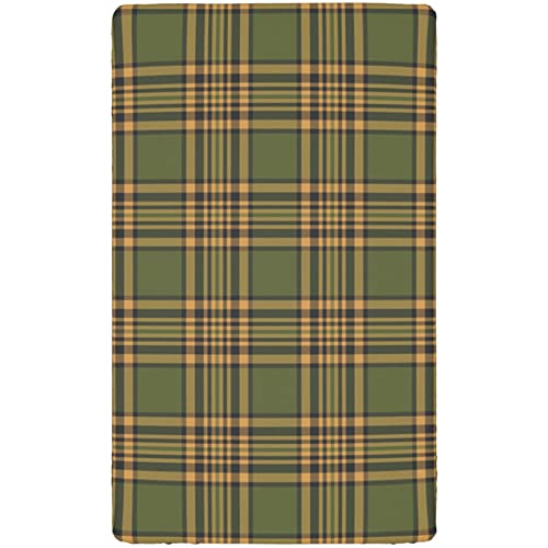 Plaid Themed Fitted Mini Crib Sheets,Portable Mini Crib Sheets Ultra Soft Material-Great for Boy or Girl Room or Nursery,24“ x38“,Olive Mustard
