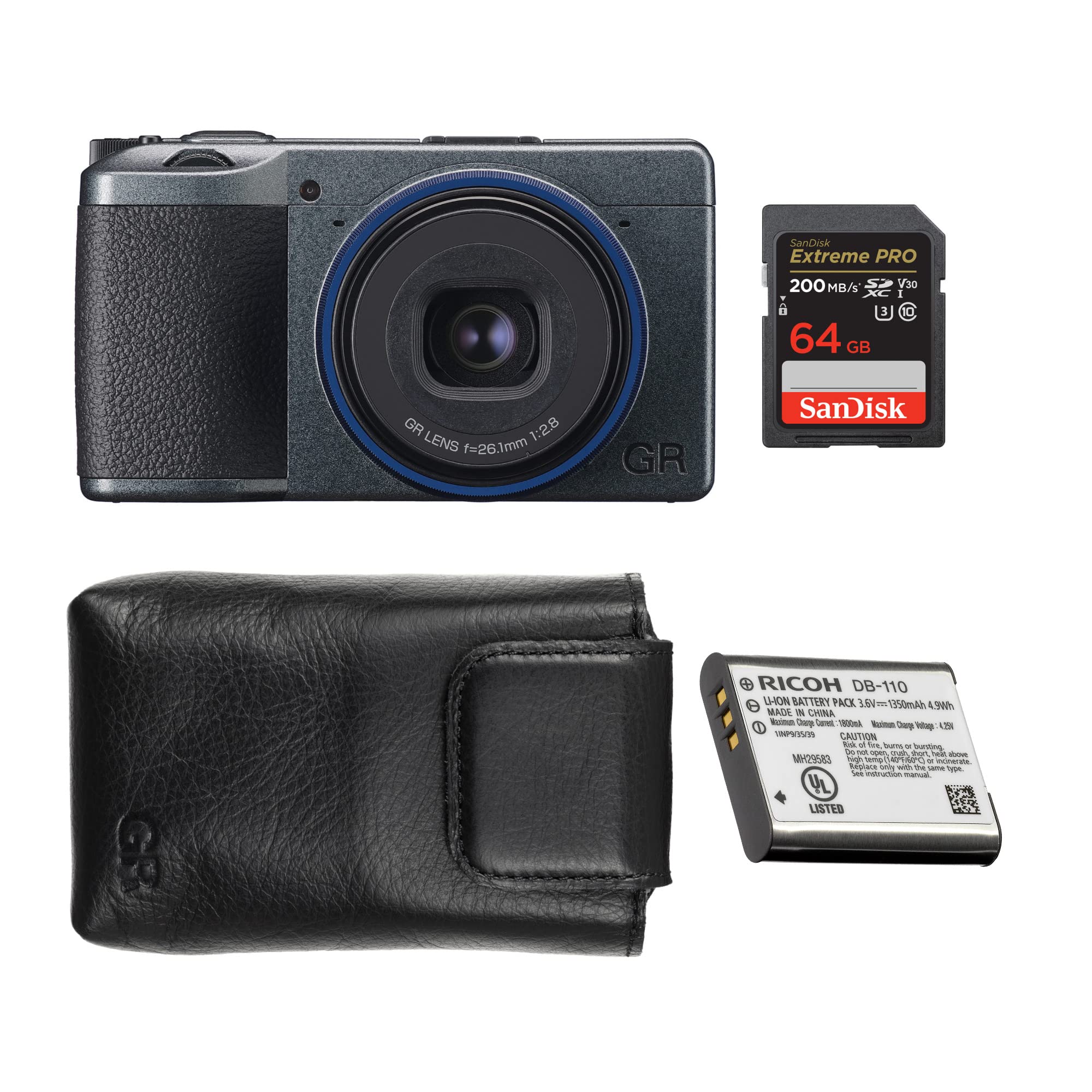RICOH GR IIIx Urban Edition Digital Camera Bundle with Case, 64GB Extreme PRO 200MB/s SDXC UHS-I Memory Card, and Spare Battery (4 Items)