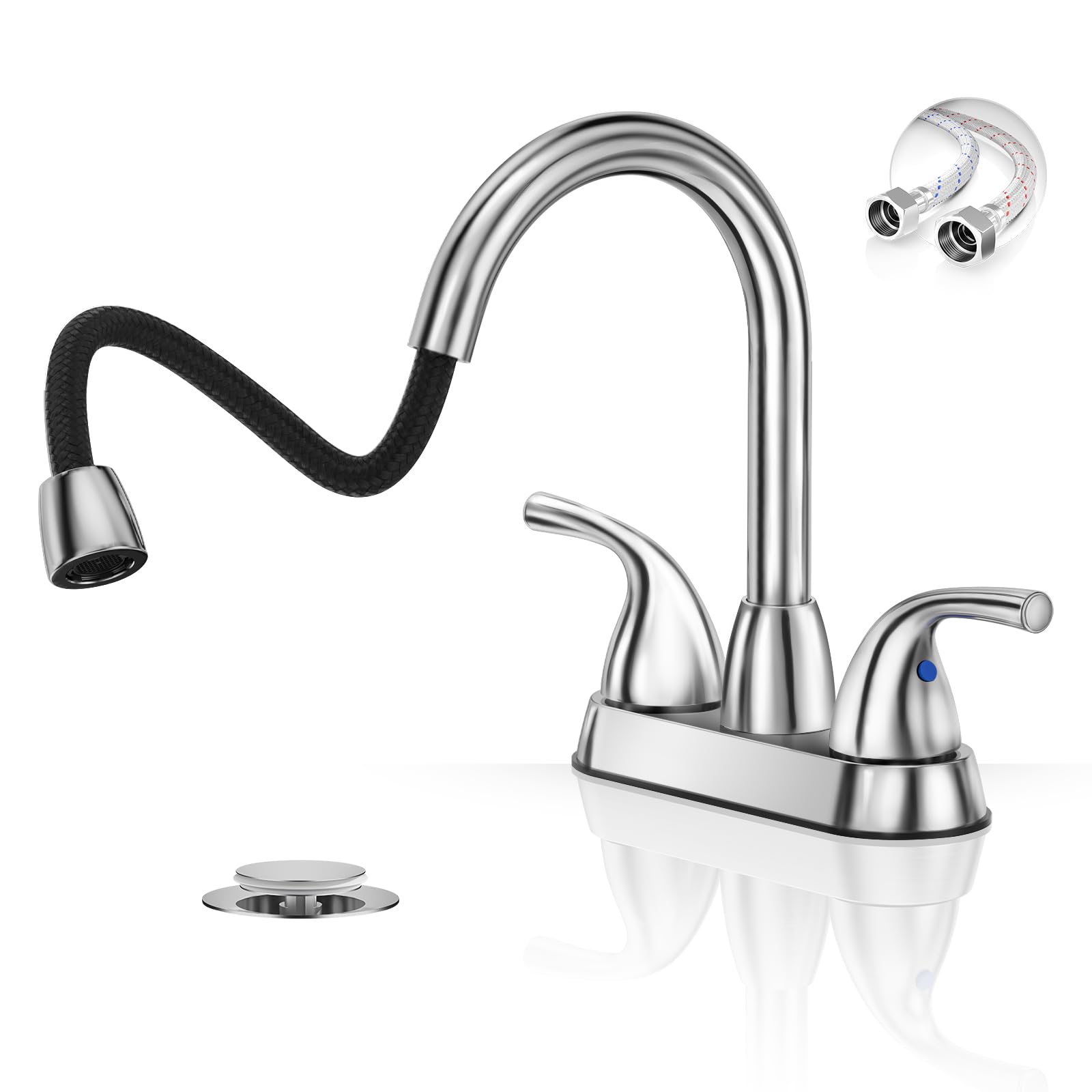 Phiestina Pull Down Sprayer Chrome 4 Inch Bathroom Faucet,3 Hole Centerset Pull Out Bathroom Sink Faucet,with 360 Swivel Spout,Metal Pop-Up Drain and Water Supply Lines,BF04007-B11-C