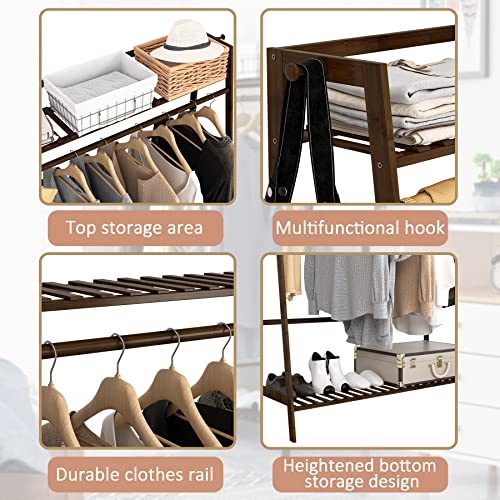 UDEAR Bamboo Clothing Rack with Shelves,Freestanding Garment Rack,Hanging Clothes Rack for Bedroom,Large(Brown)