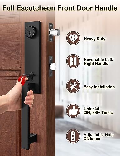 Tinewa Full Escutcheon HandleSet Front Door Entry Handle and Deadbolt Lock Set Slim Square Single Cylinder Deadbolt and Lever Heavy Duty β Matte Black Finish