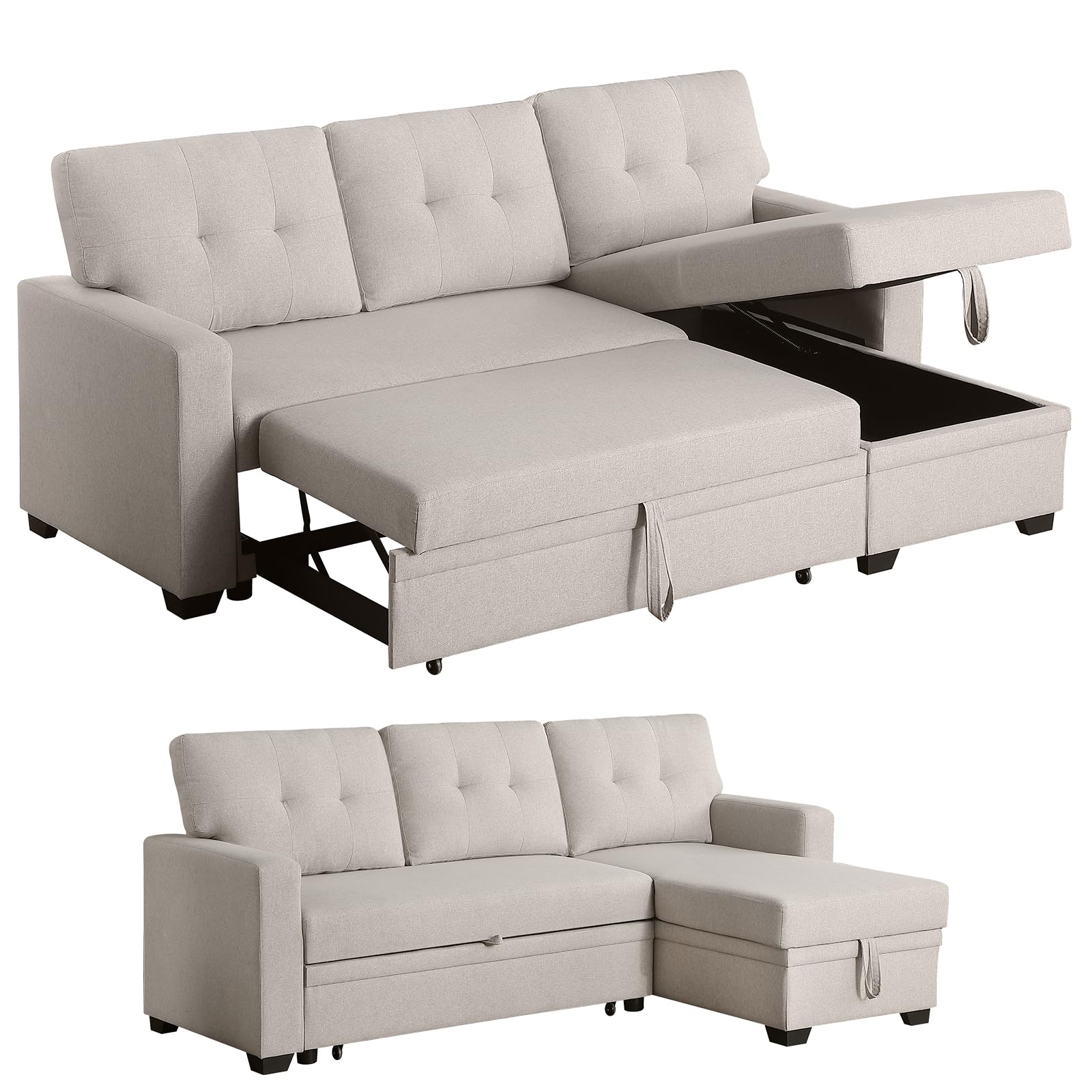 Skepphlay L Shaped Couch Sleeper Sectional Sofa Pull Out Sofa Bed Convertible Sleeper Sofa with Storage for Home Living Room, Beige