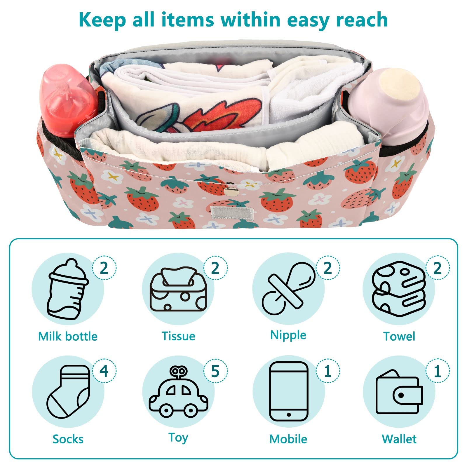 Pink Strawberries Flowers Stroller Organizer with Cup Holder Universal Stroller Organizer Bag Detachable Shoulder Strap Stroller Accessories for Diaper Snacks Toys Keys Fit All Baby Stroller
